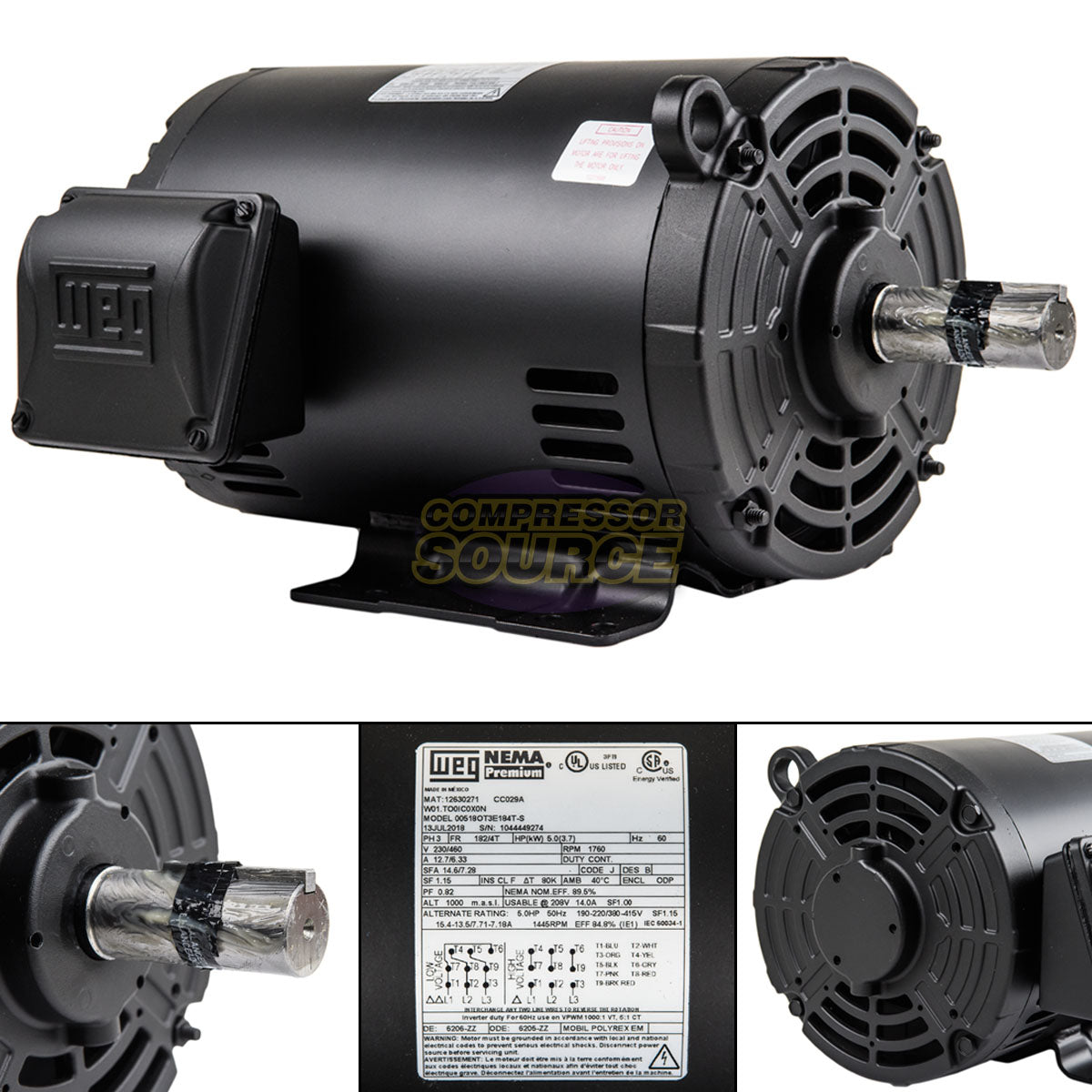 5 HP 3 Phase Motor 1760 RPM 182/4T Frame ODP WEG | 00518OT3E184T-S ...