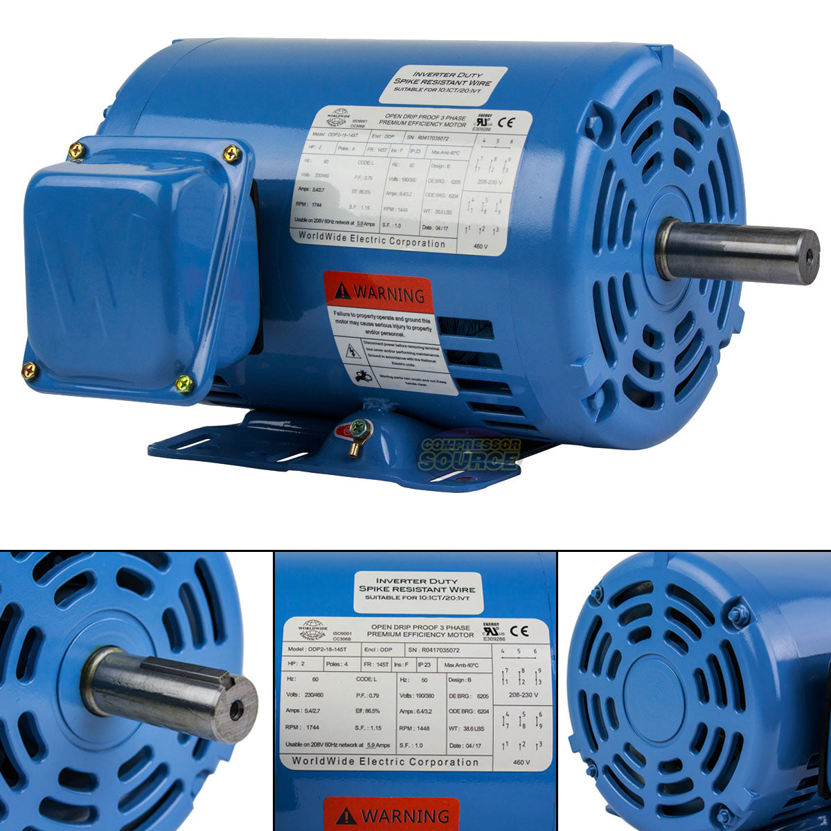 2 HP 3 Phase Electric Motor 1744 RPM 145T Frame ODP | ODP2-18-145T ...