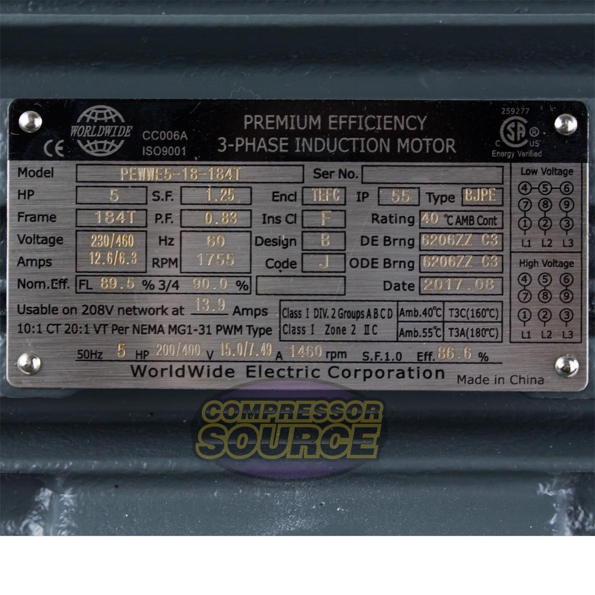 5 HP 3 Phase Motor 1755 RPM 184T Frame TEFC | PEWWE5-18-184T ...